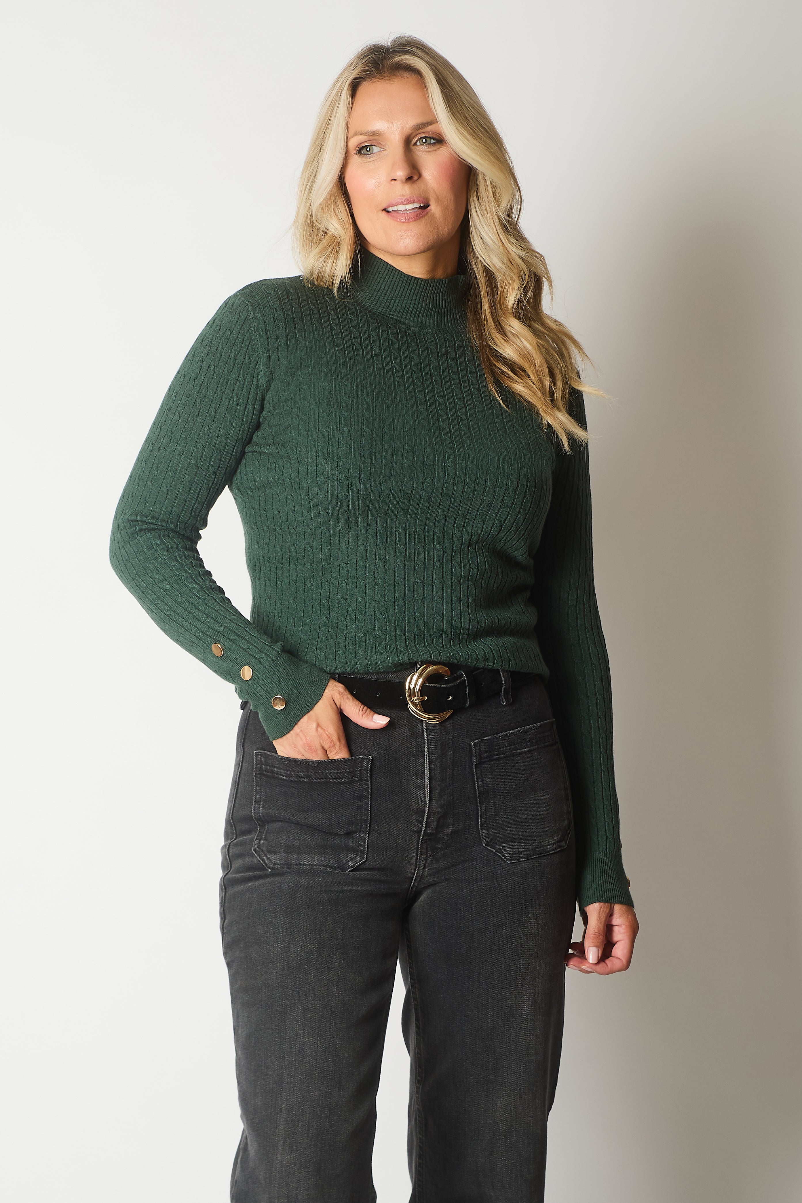 Cable Knit Jumper with Gold Buttons - Green – SOLO Fashion
